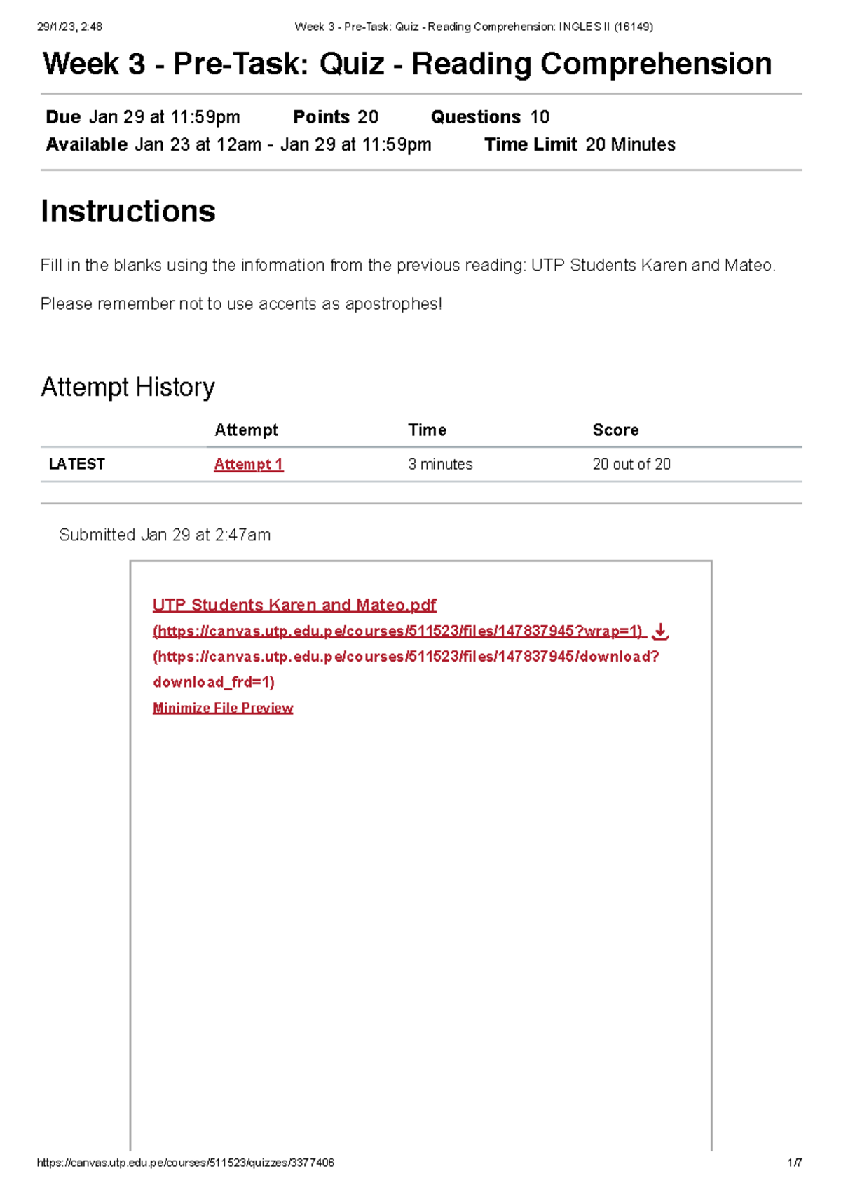 Week 3 - Pre-Task Quiz - Reading Comprehension Ingles II (16149) - Week 3 - Pre-Task: Quiz ...