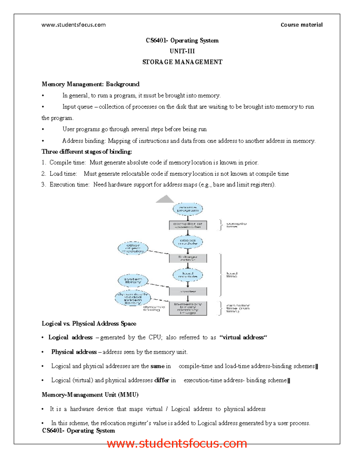 Storage management - CS6401- Operating System CS6401- Operating System UNIT-I II - Studocu