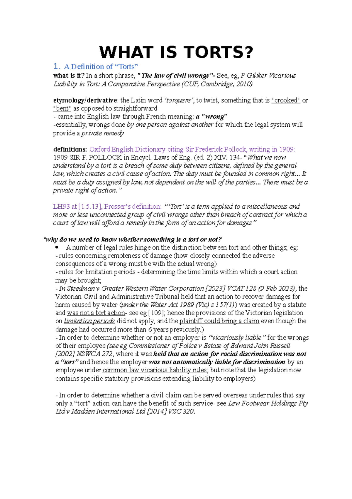 WHAT IS Torts - LAWS1021 Notes Wk 1 - WHAT IS TORTS? 1. A Definition of ...