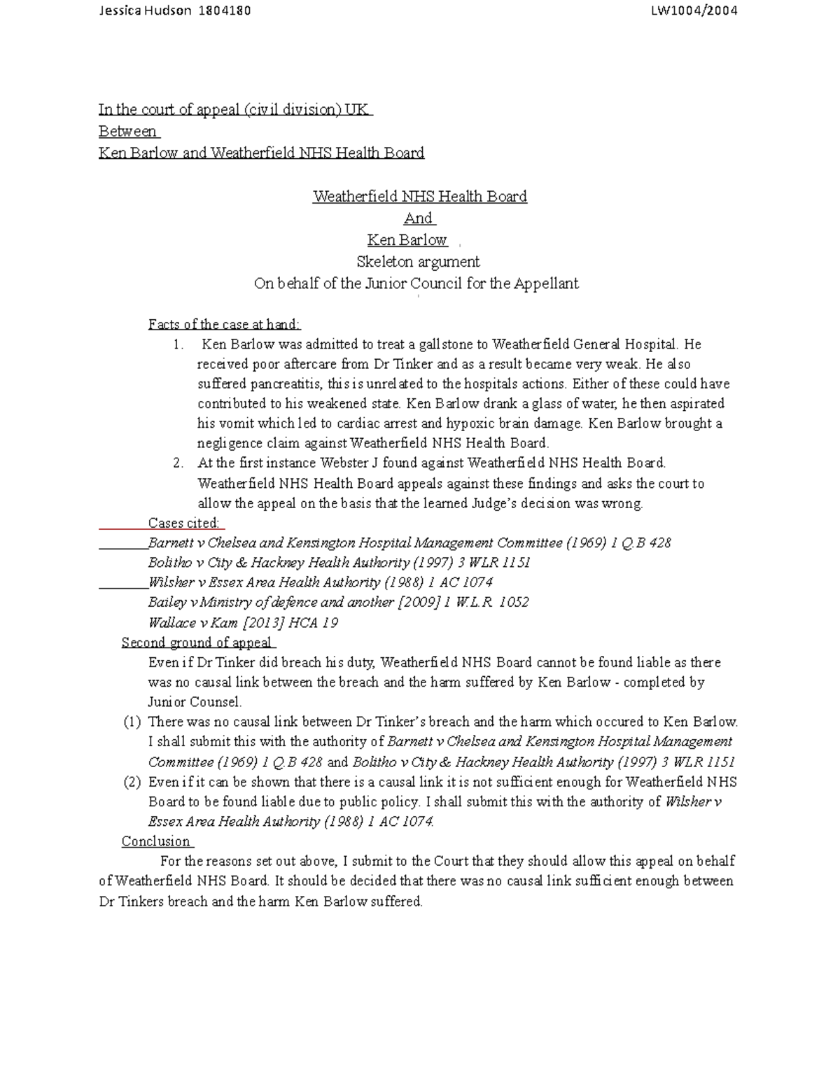 Skeleton moot assignment 2018 - Jessica Hudson 1804180 LW1004/ In the ...