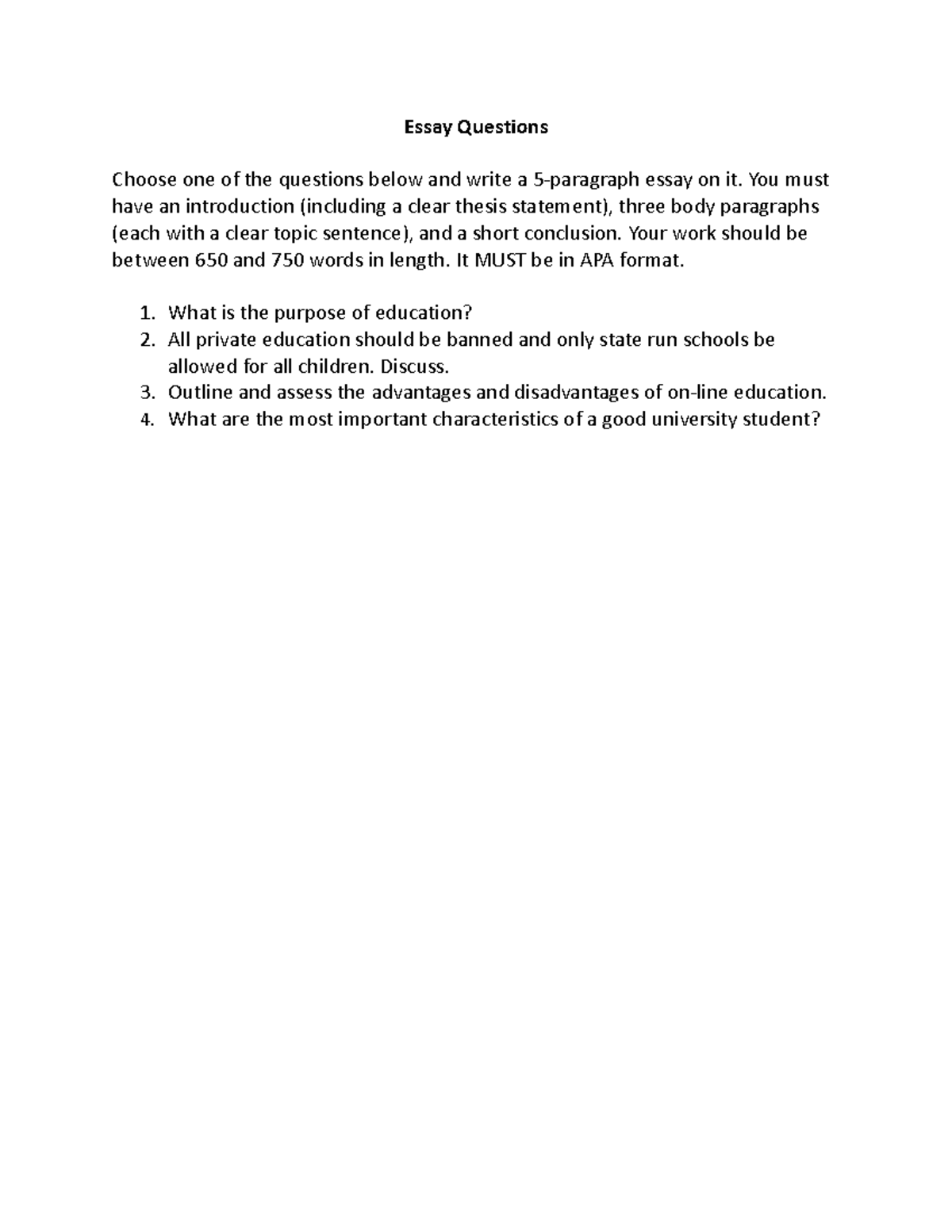 Essay Questions - Essay Questions Choose one of the questions below and ...