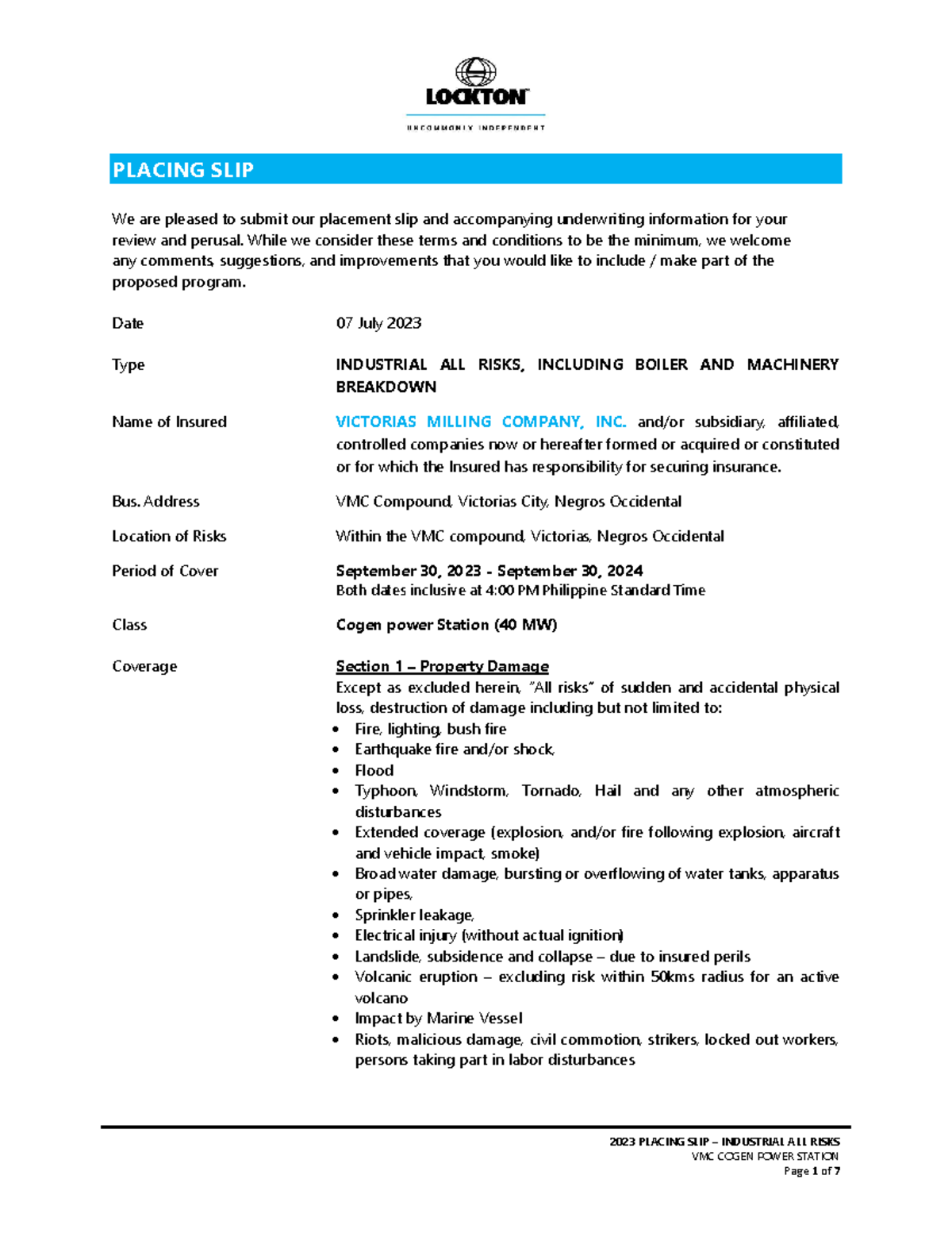 2023 VMC Cogen IAR Placing Slip - 2023 PLACING SLIP – INDUSTRIAL ALL ...