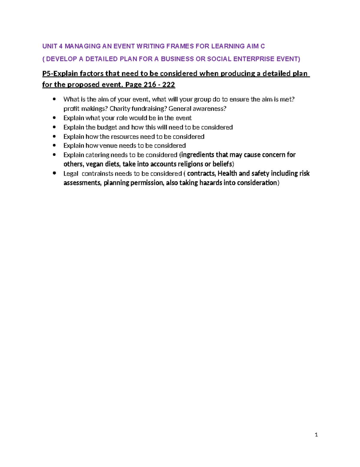 Writing Frames for P5 P6 M3 - UNIT 4 MANAGING AN EVENT WRITING FRAMES FOR LEARNING AIM C ...