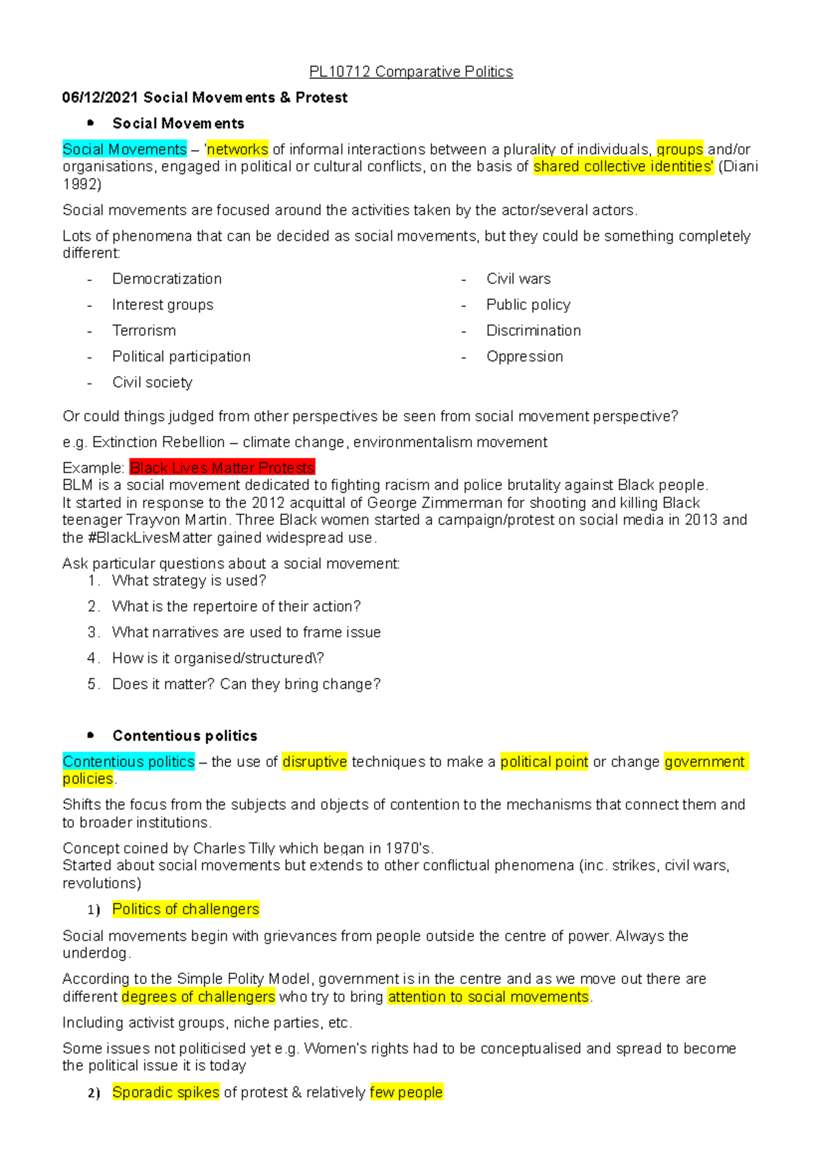 Lecture 9: Social Movement and Protest - PL10712 Comparative Politics ...