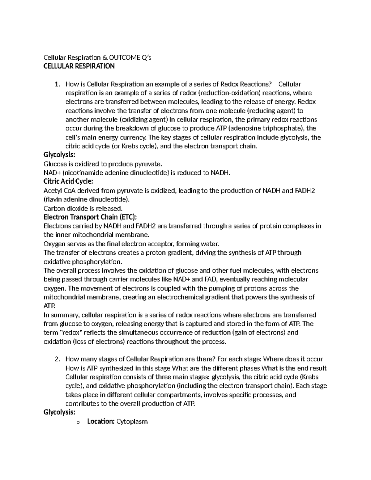Cellular Respiration BIO 216 - Cellular Respiration & OUTCOME Q’s ...