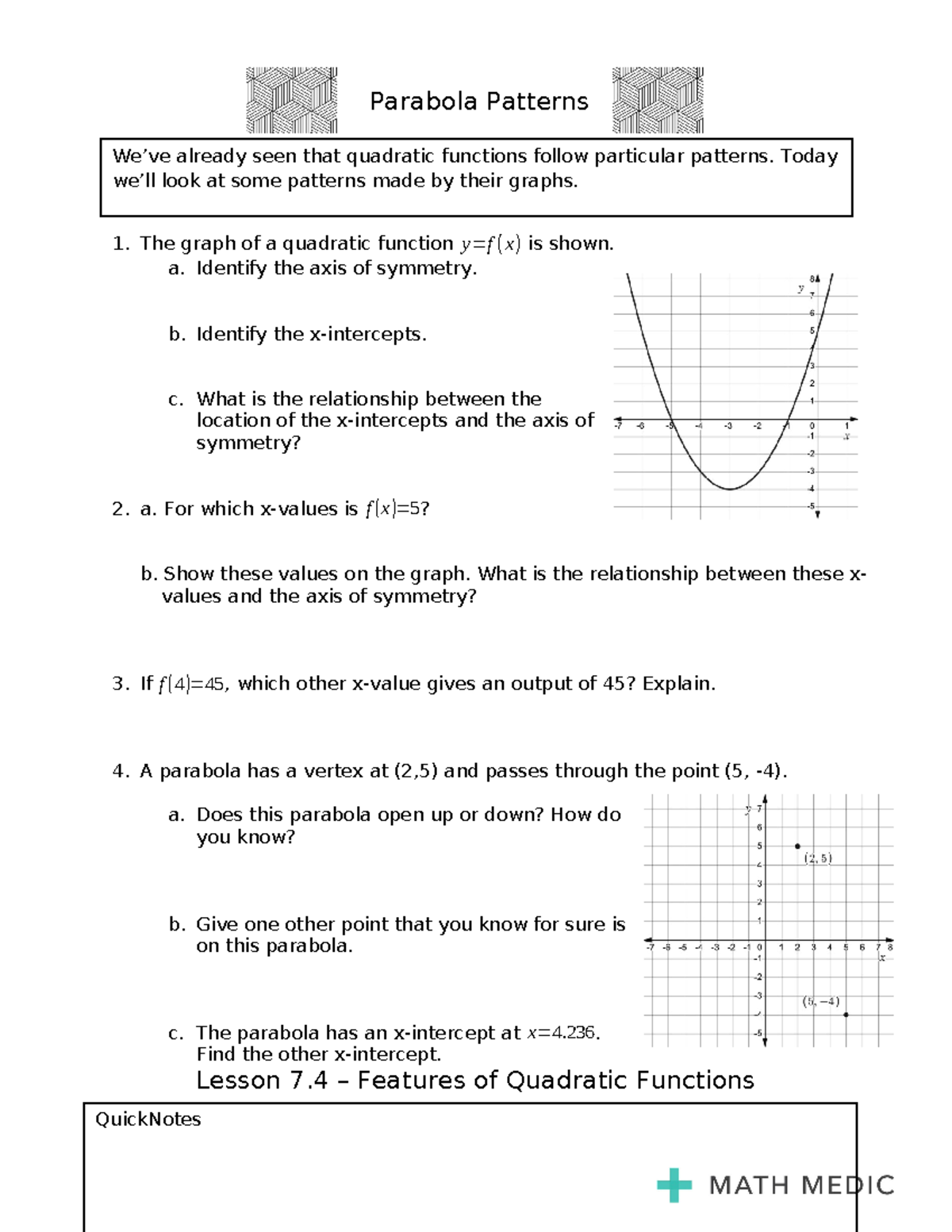 Lesson 7.4 - Algebra 1 - Math Medic - Parabola Patterns The graph of a ...