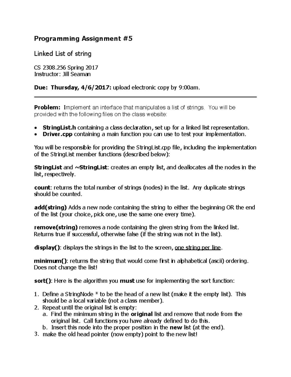 Assignment 5 - CS 2308 - Programming Assignment Linked List of string CS 2308 Spring 2017 - Studocu