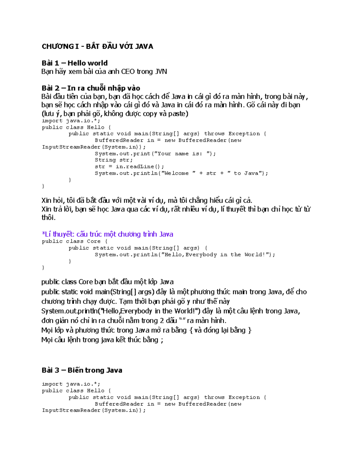 Java Ease Learning Giáo Trình Java ChƢƠng I BẮt ĐẦu VỚi Java Bài 1 Hello World Bạn Hãy 