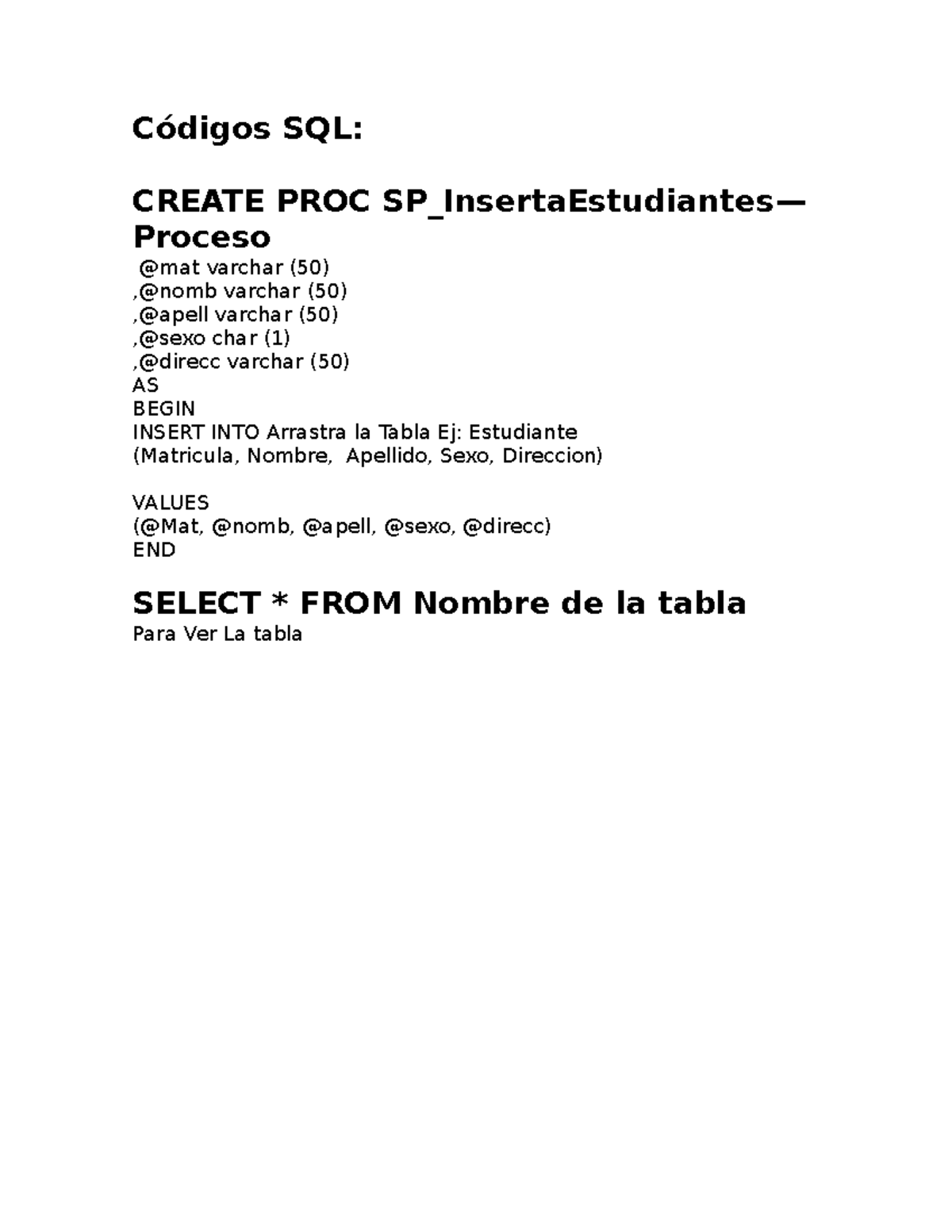 Códigos SQL - buen repaso - Códigos SQL: CREATE PROC SP ...