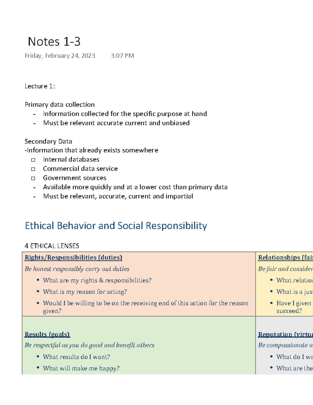 Bus 2000 Lec 1-3 - Professor Kruegers lecture notes for the first three ...