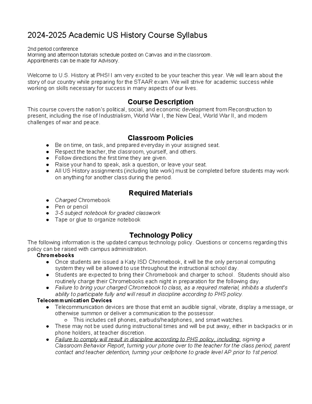 US History 24-25 Syllabus - 2024-2025 Academic US History Course ...