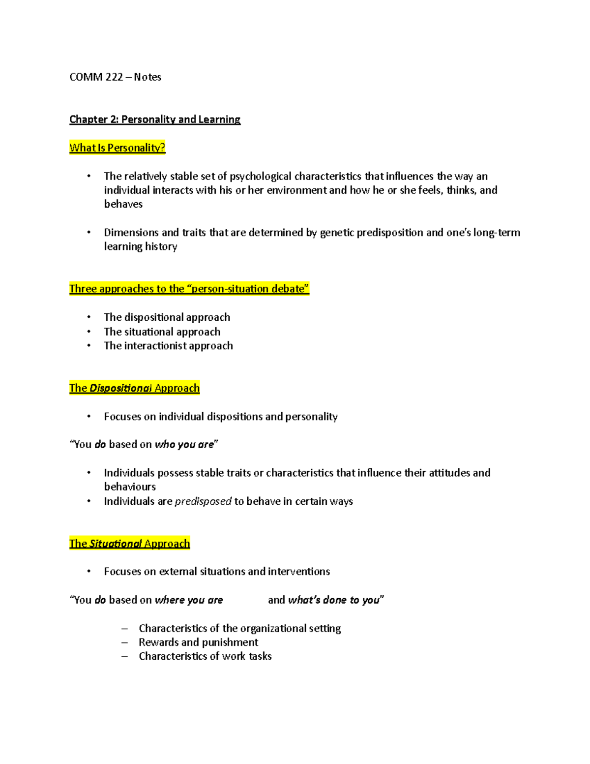 COMM 222 Notes - COMM 222 – Notes Chapter 2: Personality and Learning ...
