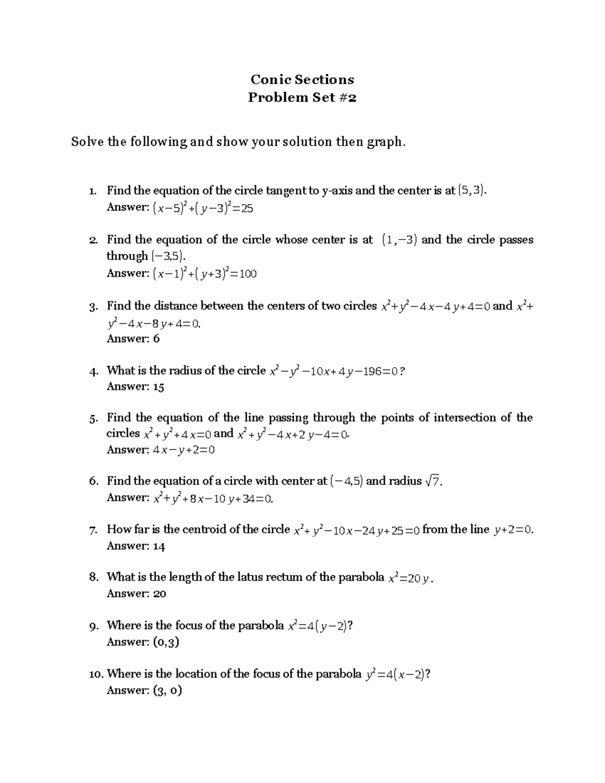 Answer Problem Set #2 - Conic Sections Problem Set Solve the following ...