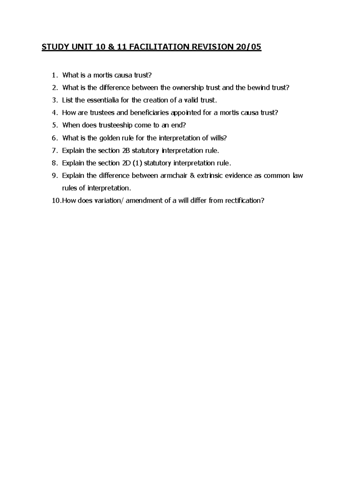 Facilition 20 May - Practice material for SU 10 AND 11 - STUDY UNIT 10 & 11 FACILITATION - Studocu