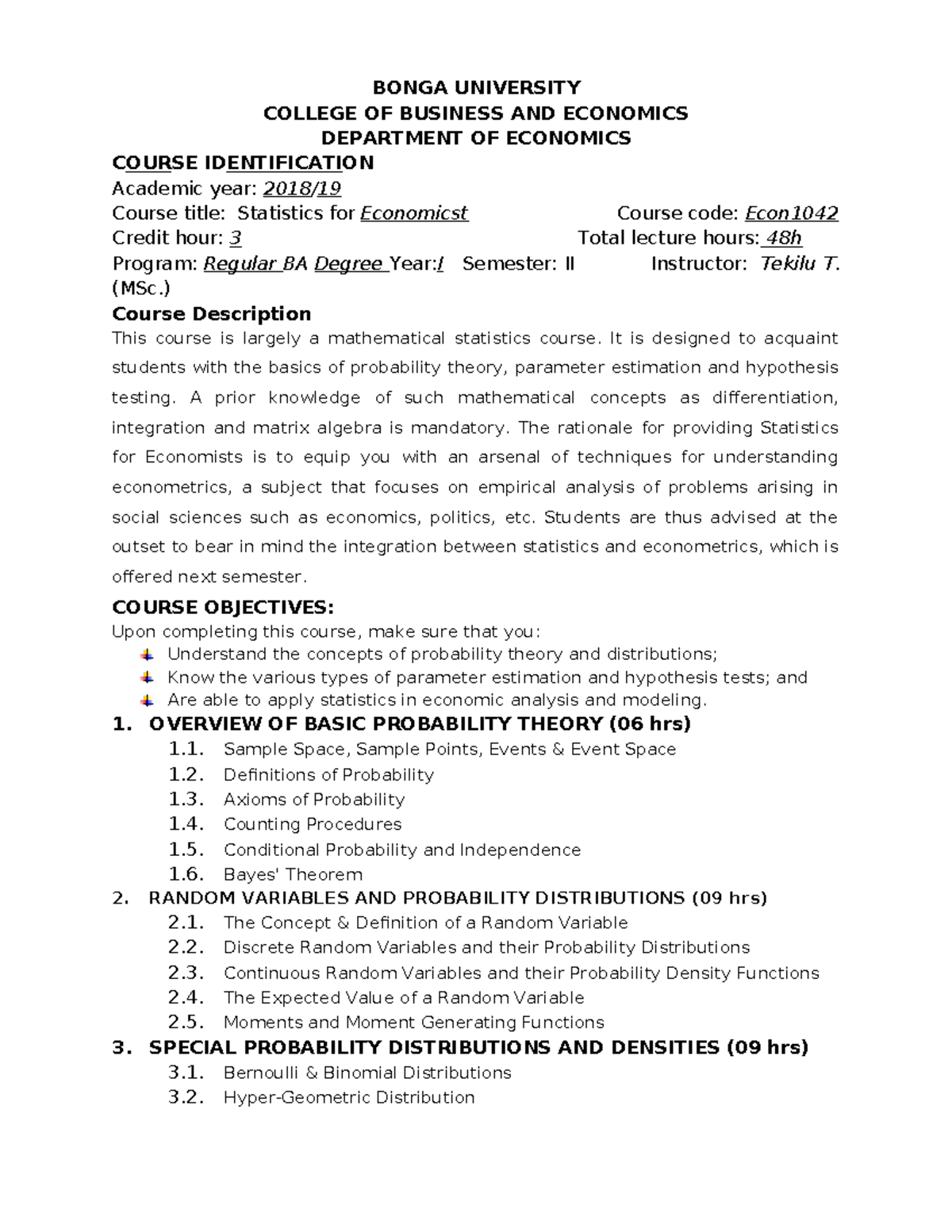 Stat for economist - BONGA UNIVERSITY COLLEGE OF BUSINESS AND ECONOMICS ...