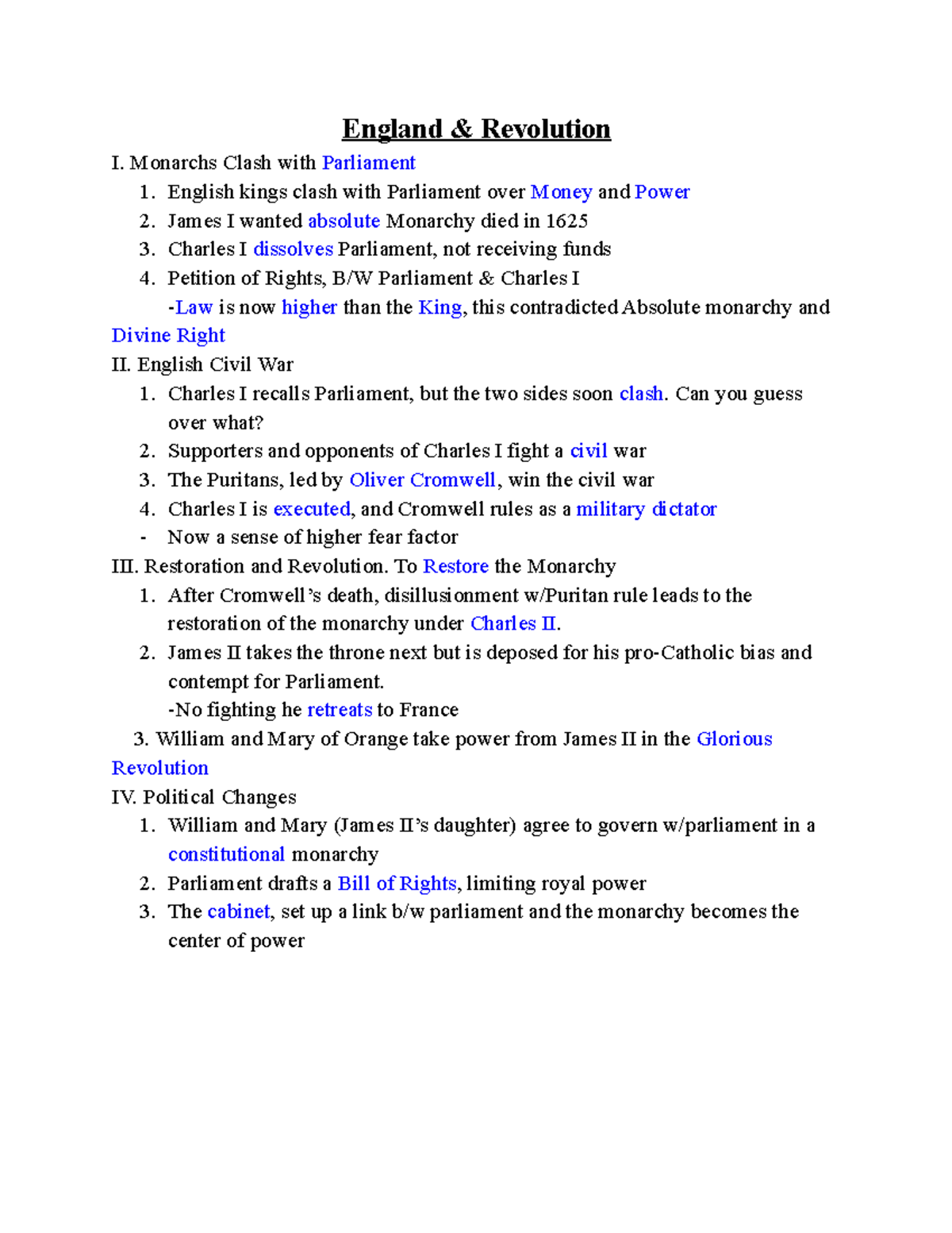 England Revolution Notes - England & Revolution I. Monarchs Clash with ...