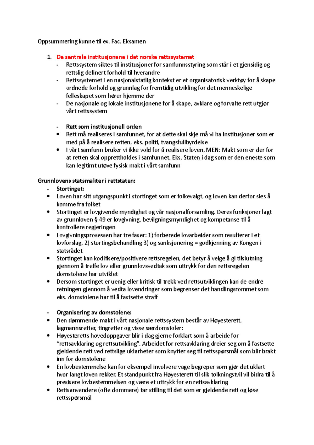 Ex. fac oppsummering - Fra lov til rett - Oppsummering kunne til ex. Fac. Eksamen De sentrale ...