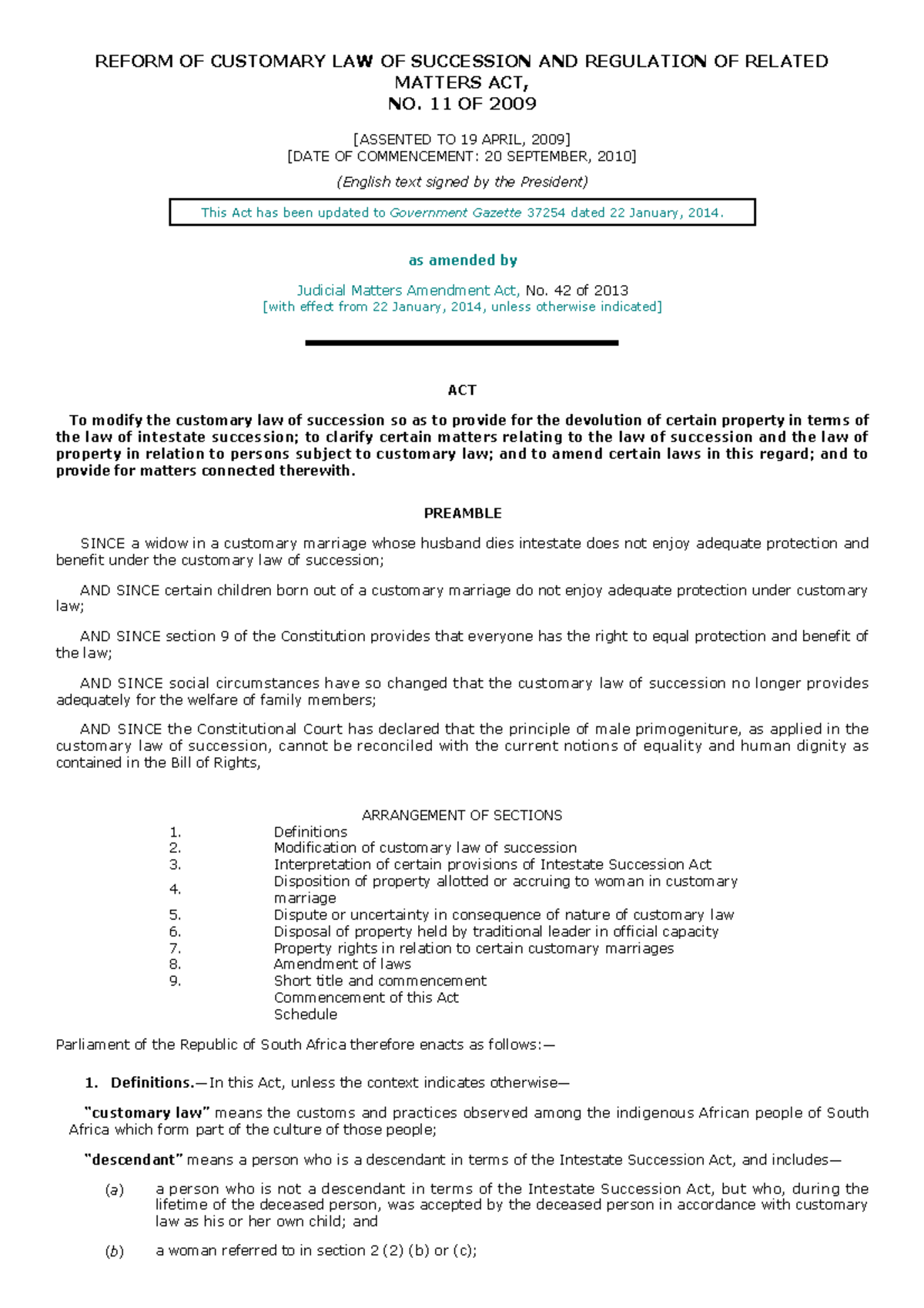4 Reform Of Customary Law Of Succession Act 11 Of 2009 REFORM OF