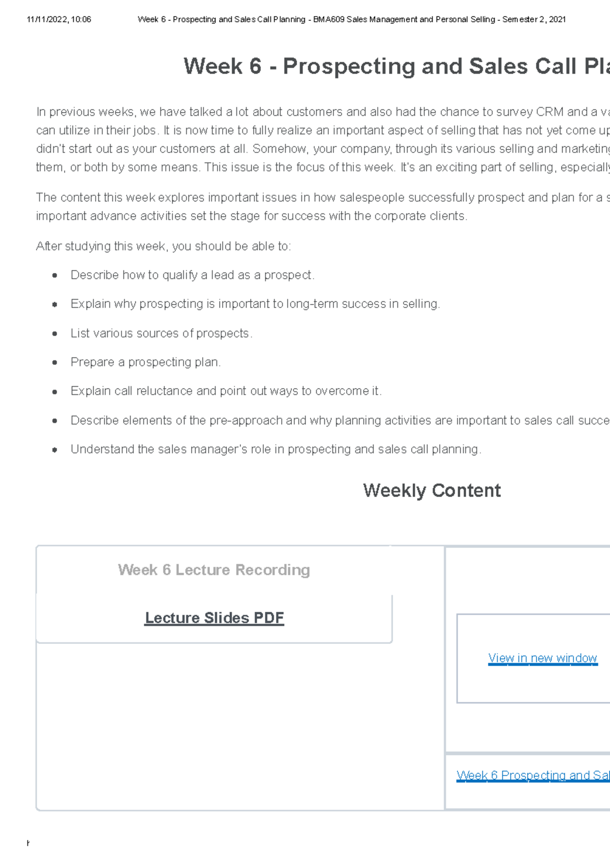 Week 6 - Prospecting and Sales Call Planning - BMA609 Sales Management ...