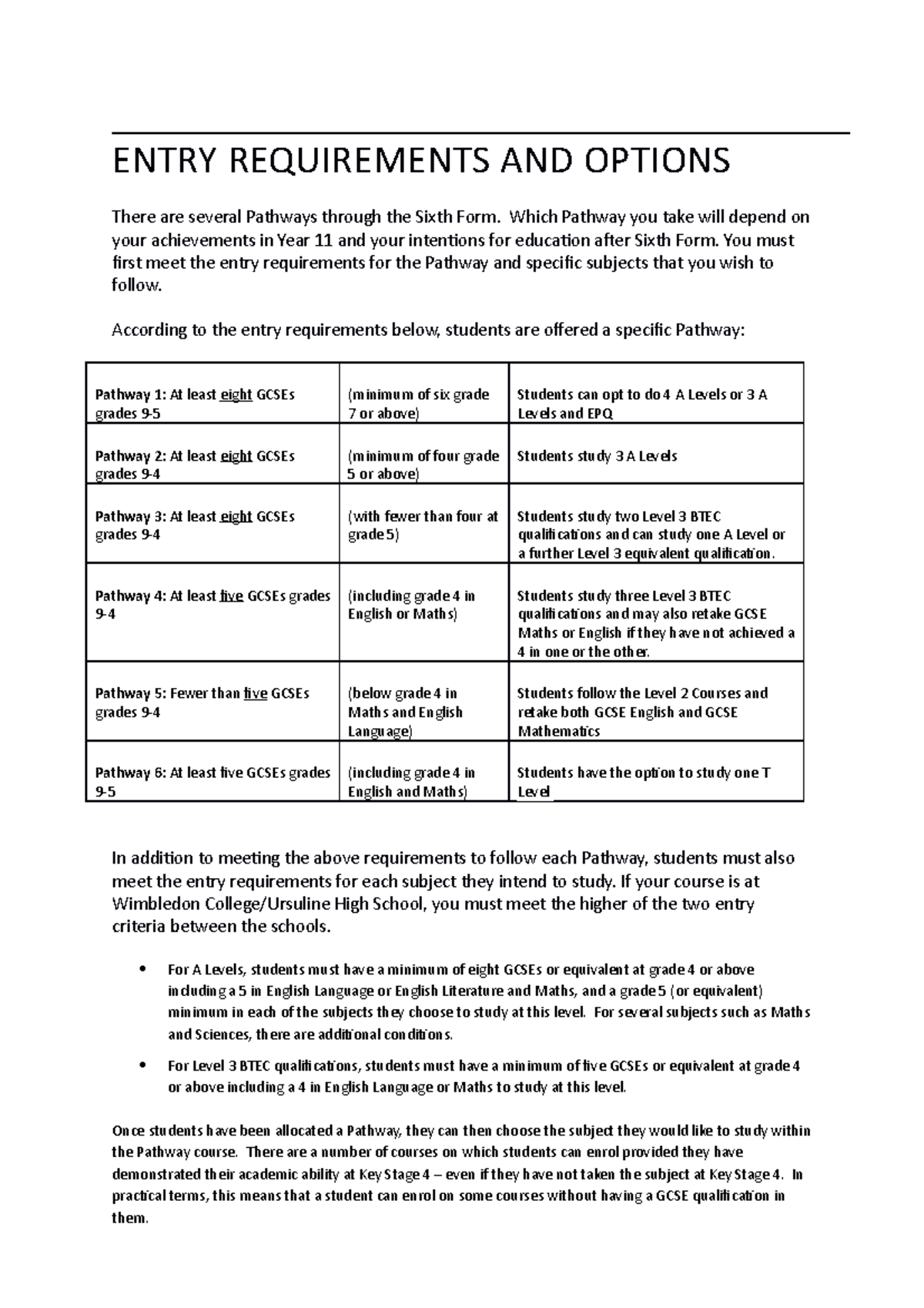 Sixth Form Entry Requirements and Pathways 2022 Entry - ENTRY ...