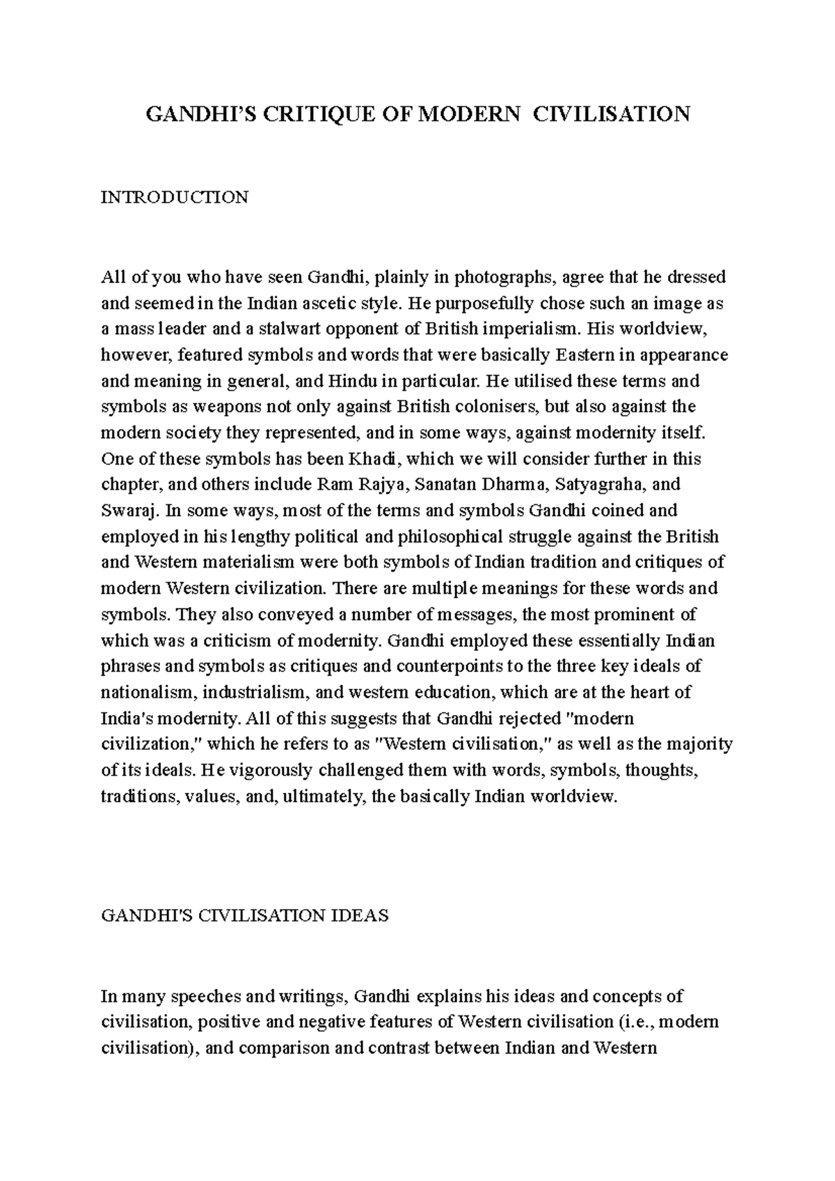 Gandhi’S Critique OF Modern Civilisation - GANDHI’S CRITIQUE OF MODERN ...