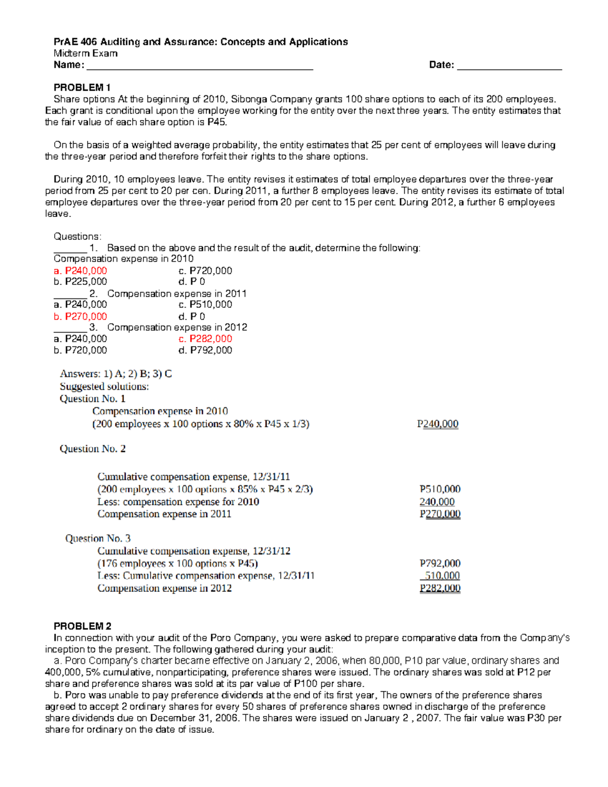 Midterm-Exam answer-key - PrAE 406 Auditing and Assurance: Concepts and ...