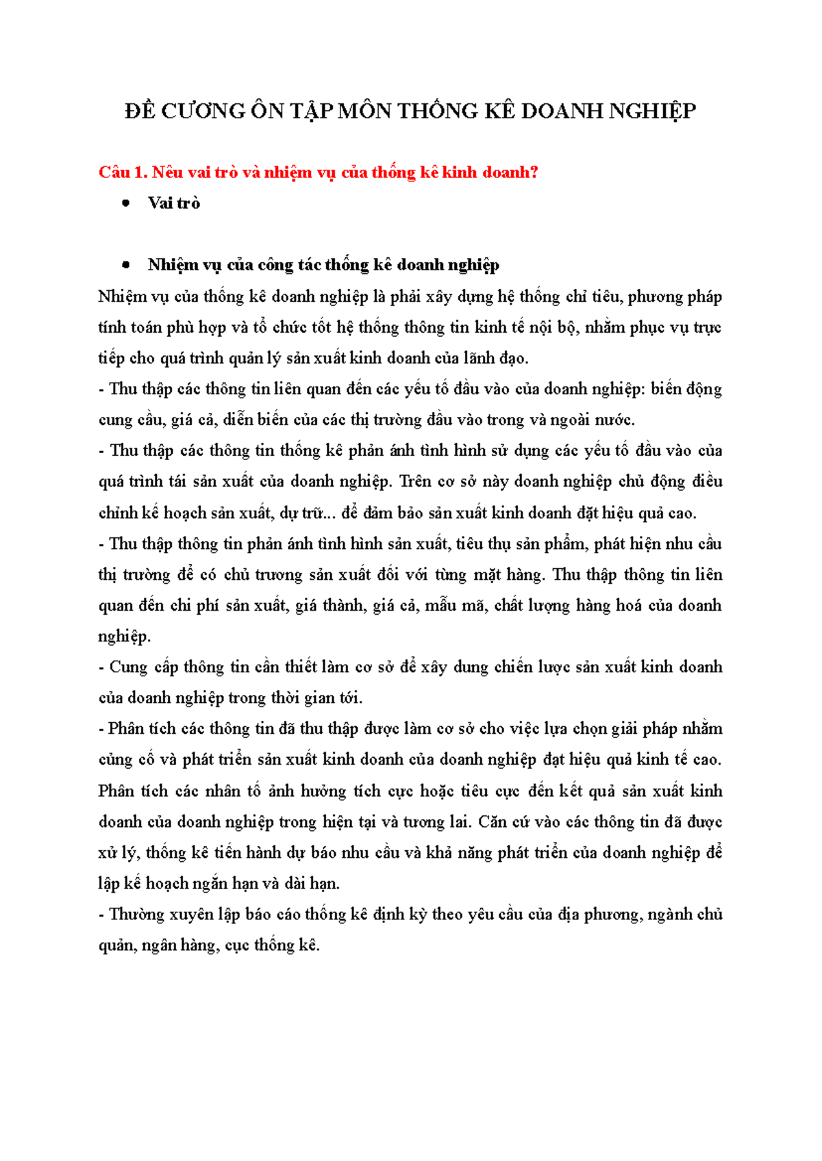 Đề cương môn THỐNG KÊ DN - ĐỀ CƯƠNG ÔN TẬP MÔN THỐNG KÊ DOANH NGHIỆP ...
