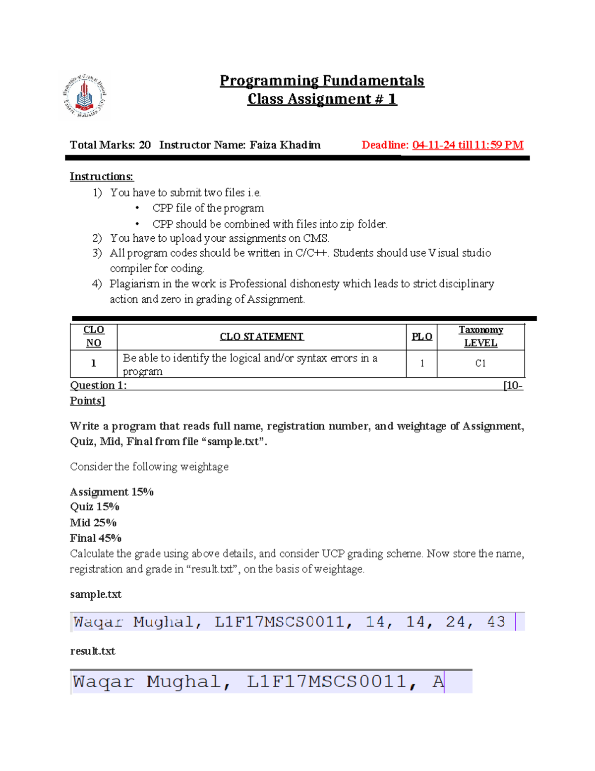 Class Assignment 1 - Quiz - Programming Fundamentals Class Assignment # 1 Total Marks: 20 ...