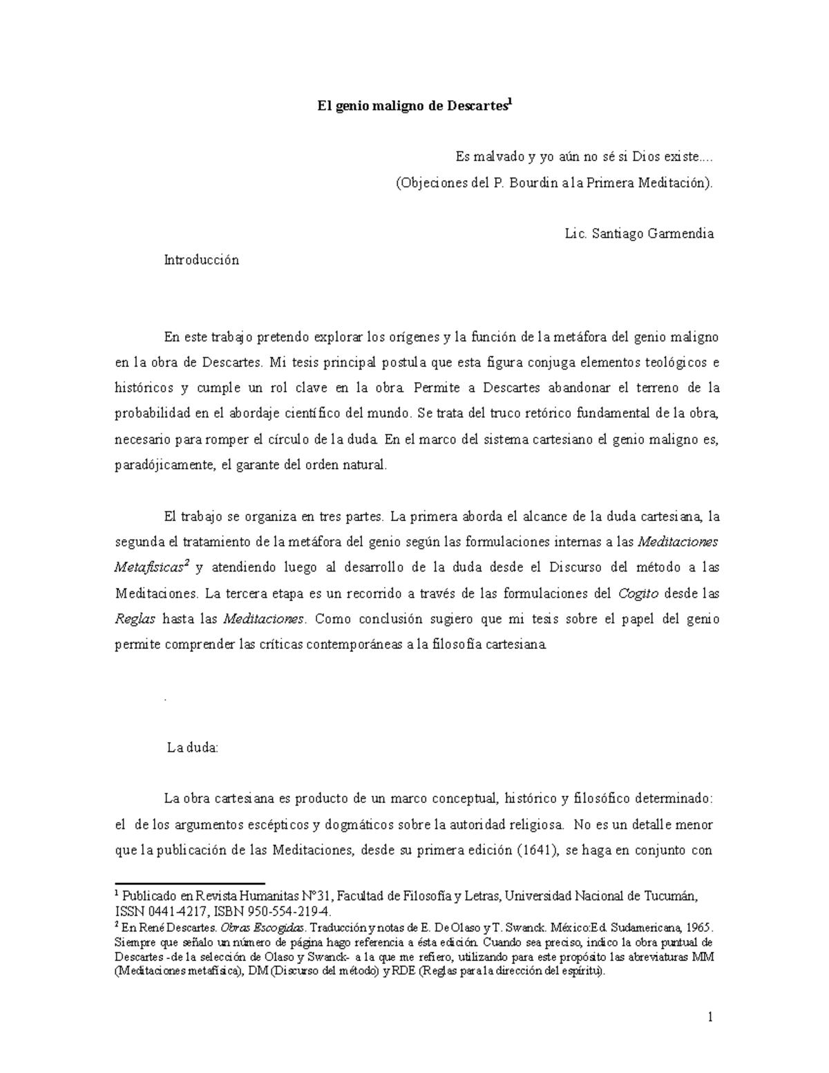 El genio maligno de Descartes - ... (Objeciones del P. Bourdin a la ...