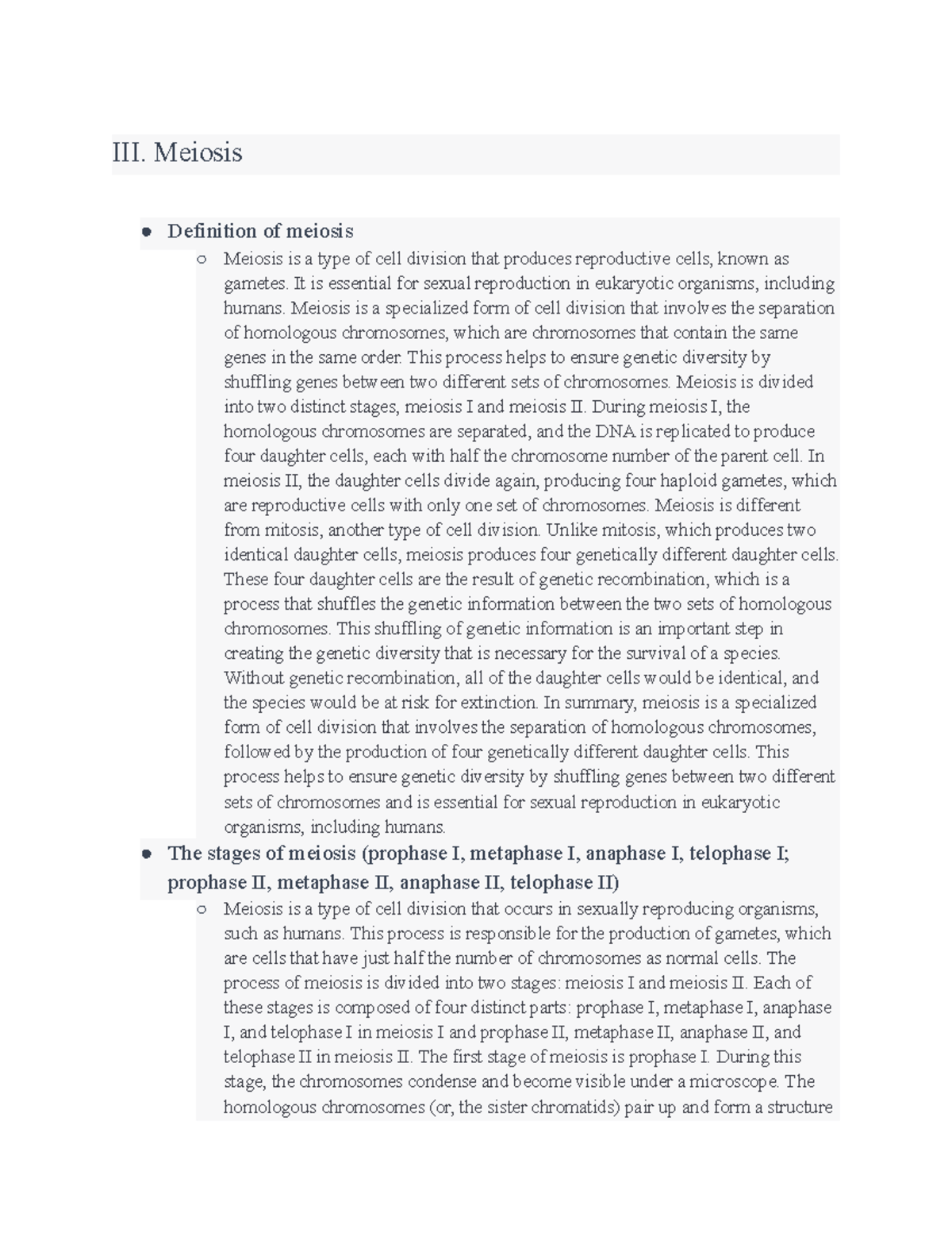 Meiosis and comparison between mitosis and meiosis - III. Meiosis ...