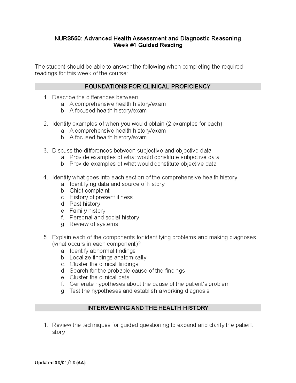 N550 Week 1 Guided Reading - NURS550: Advanced Health Assessment and ...