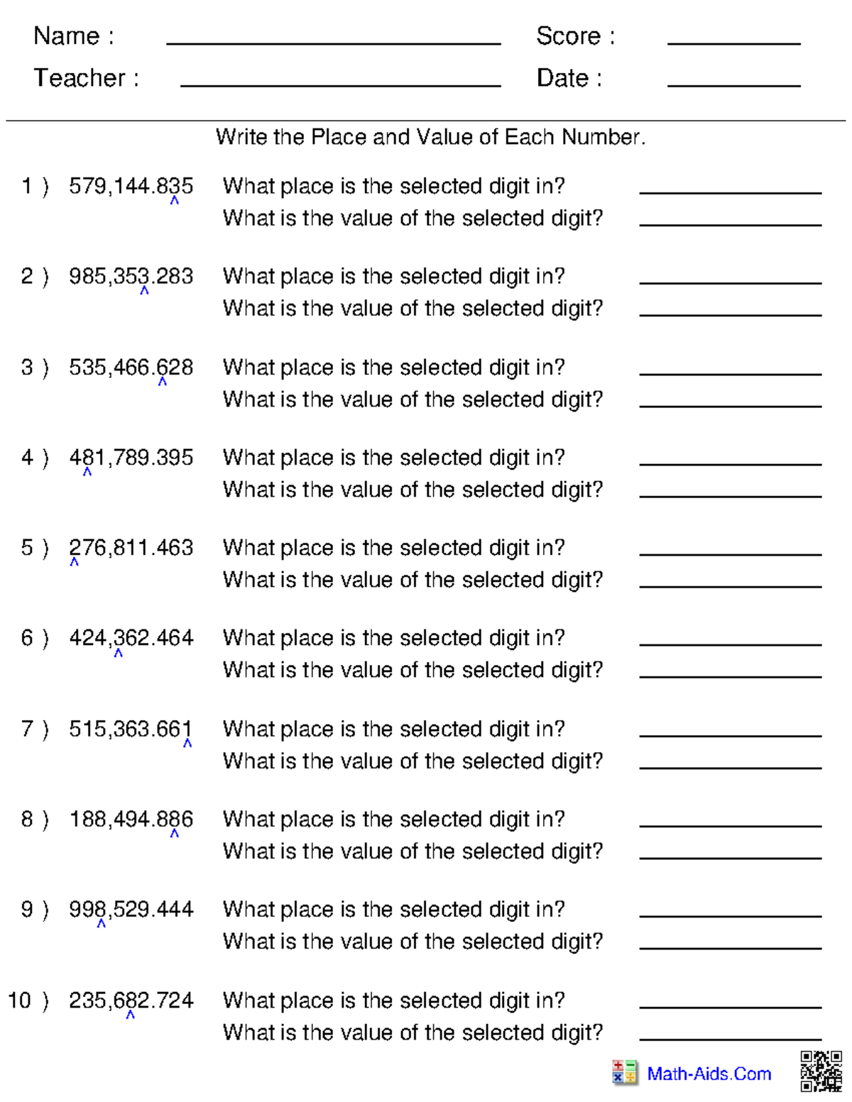 308379447-math-worksheet - Name : Teacher : Date : Score : Math-Aids ...