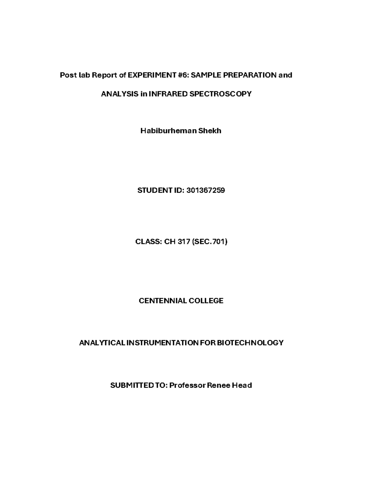 Post lab# IR 6 - IR post lab - Post lab Report of EXPERIMENT #6: SAMPLE ...