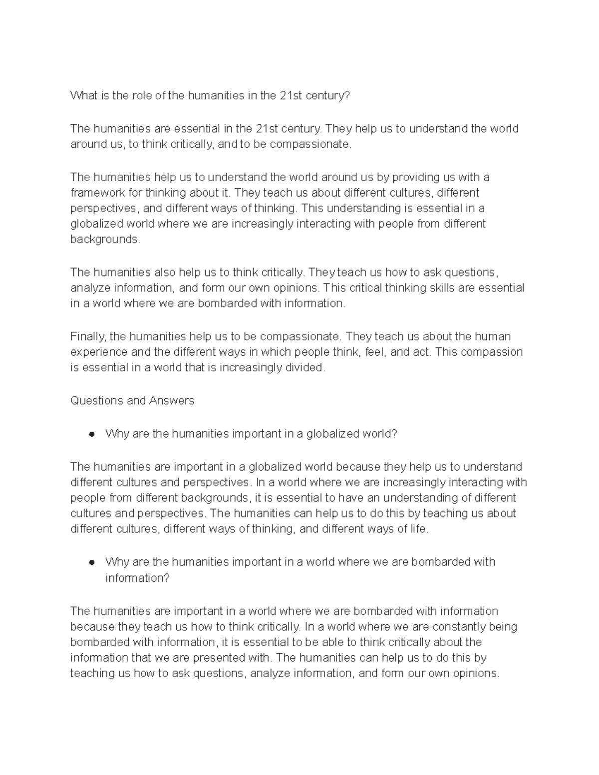 Lecture note for Humanities, Lecture 3 - What is the role of the ...