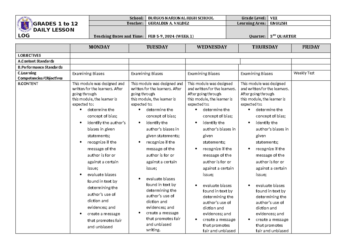 DLL English-8 Q3 W1 - daily lesson log - GRADES 1 to 12 DAILY LESSON ...