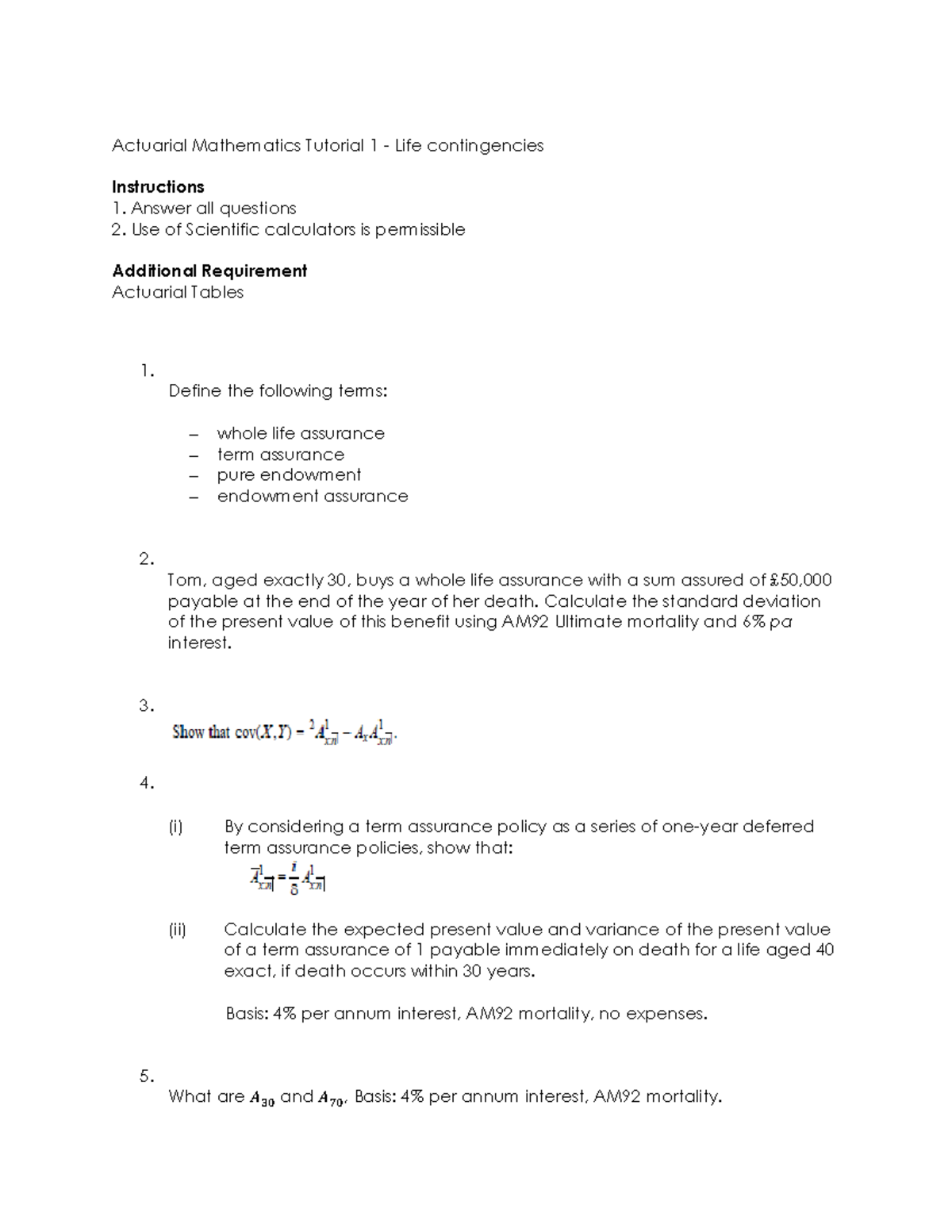 Life contingencies Tutorial 1 - Actuarial Mathematics Tutorial 1 - Life ...