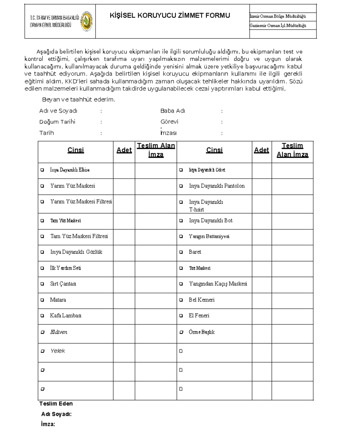 İSG-F-05-01 KİŞİSEL Koruyucu ZİMMET Formu - KİŞİSEL KORUYUCU ZİMMET ...