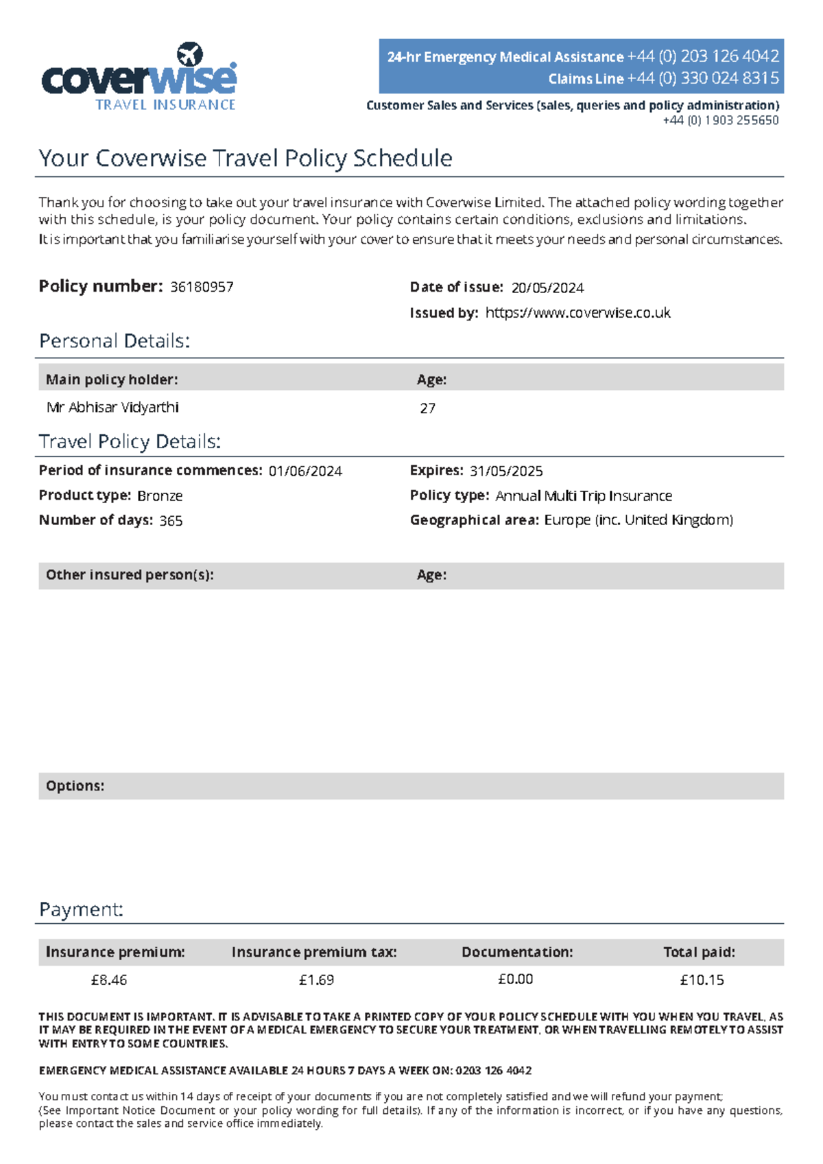 finance international - Your Coverwise Travel Policy Schedule Personal ...