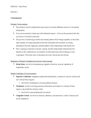PPE3502-Module 12Notes - PPE3502: Class Notes Module 12: Consciousness ...