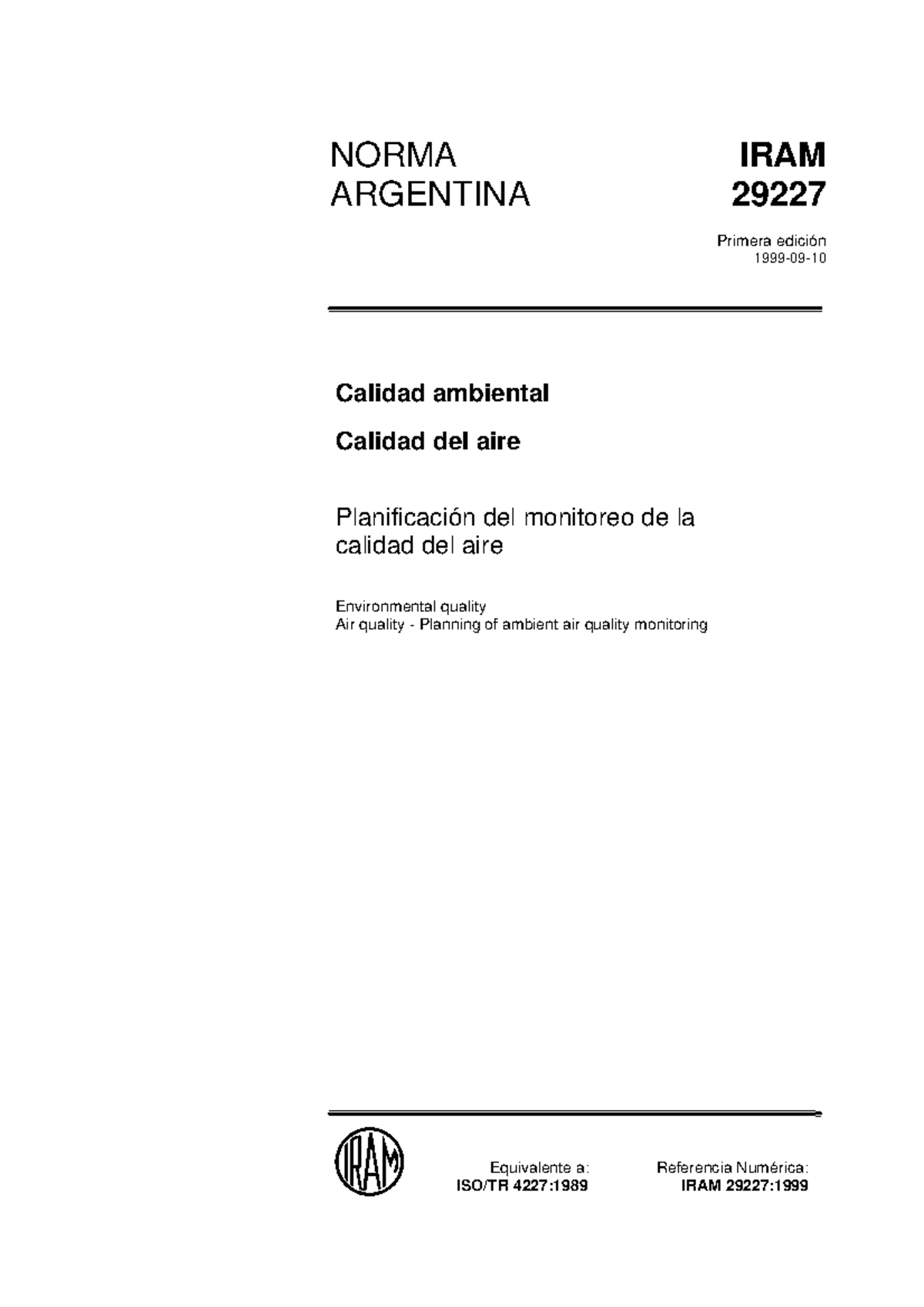 IRAM 29227 Planificacion DEL Monitoreo DE Calidad DE AIRE Ambiental ...