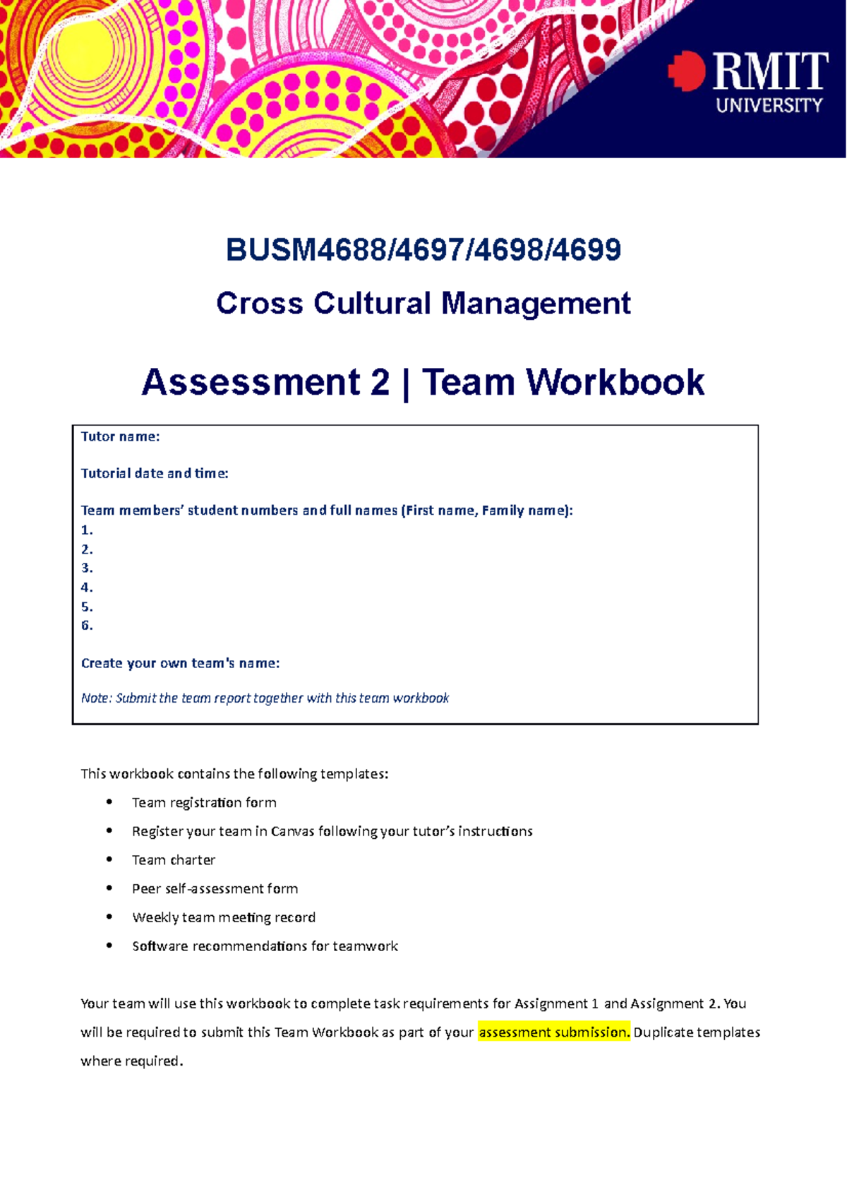 Team Workbook-1 - team workbook for assesment 1 @ 2 cross cultral ...
