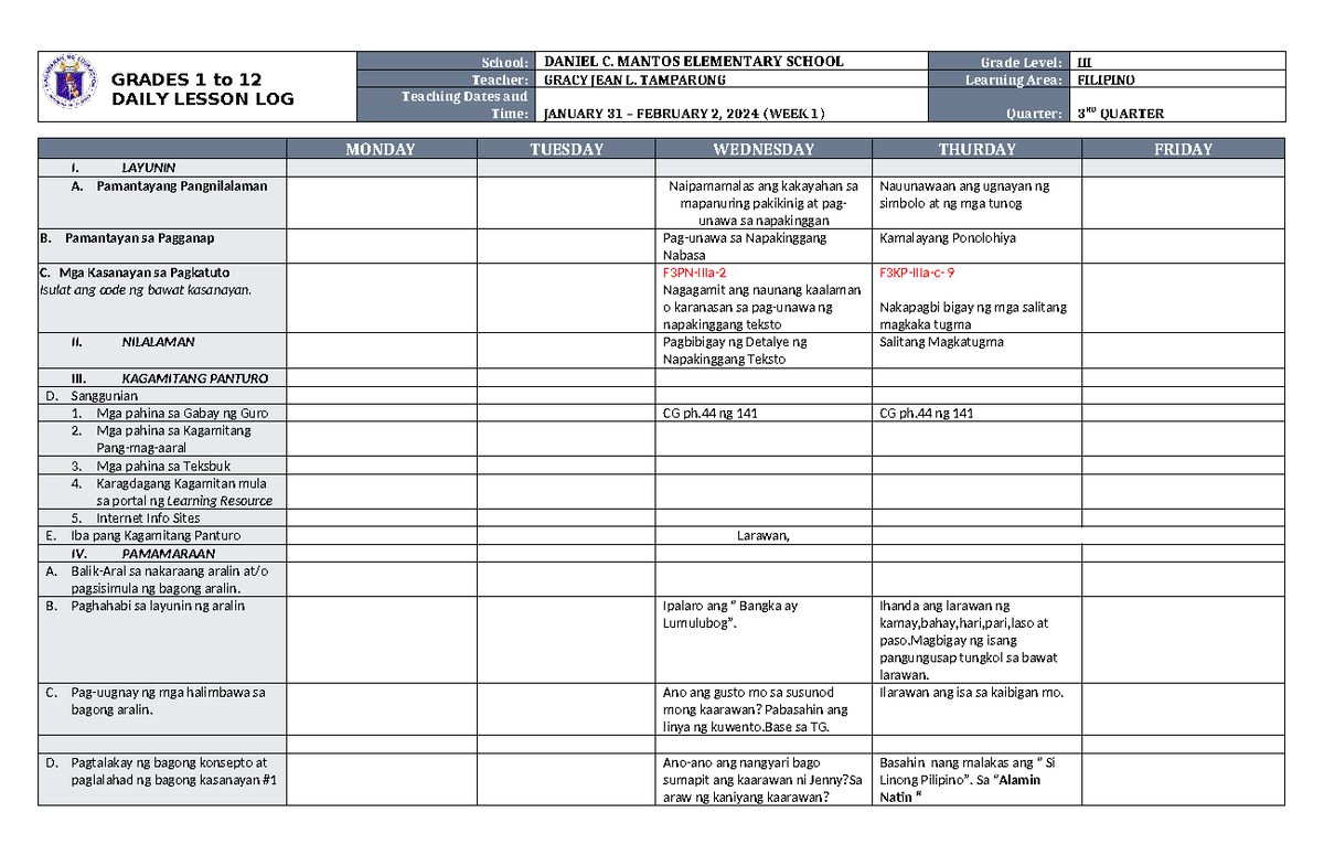 DLL Filipino 3 Q3 W1 - GRADES 1 to 12 DAILY LESSON LOG School: DANIEL C ...