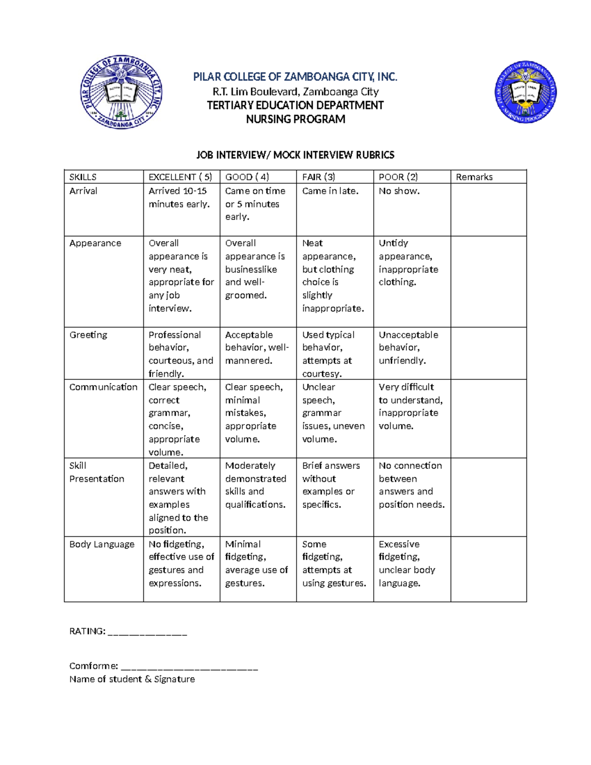 Mock-interview-rubrics - PILAR COLLEGE OF ZAMBOANGA CITY, INC. R. Lim ...