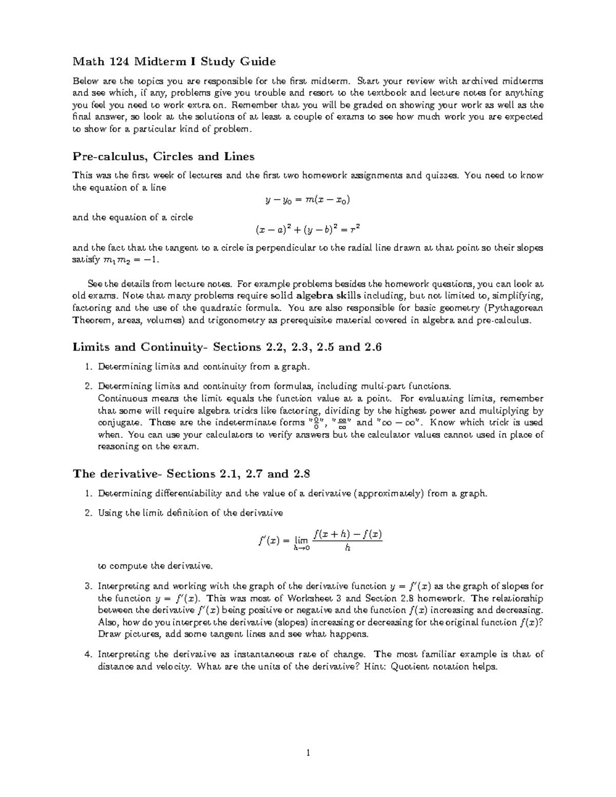 124 MT1Review - math 124 midterm 1 review - Math 124 Midterm I Study ...