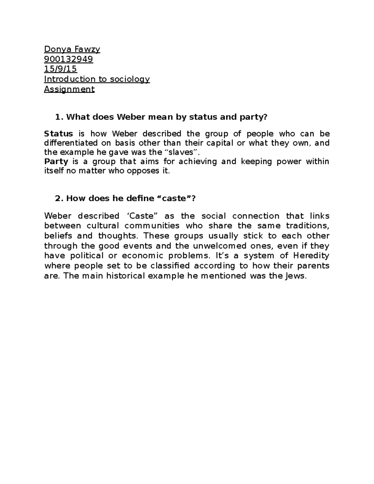 Assignment Introduction to sociology - Donya Fawzy 900132949 15/9 ...