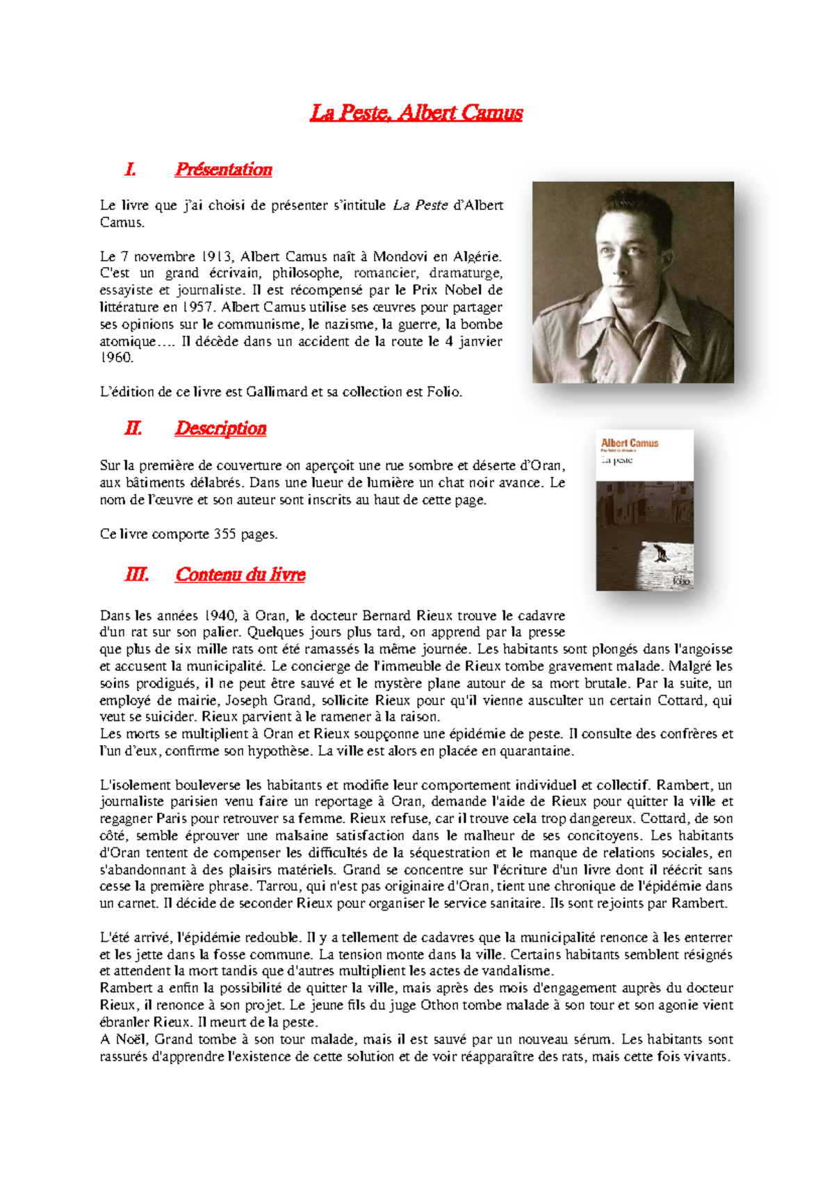 La Peste, Albert Camus - Présentation Le livre que j’ai choisi de ...