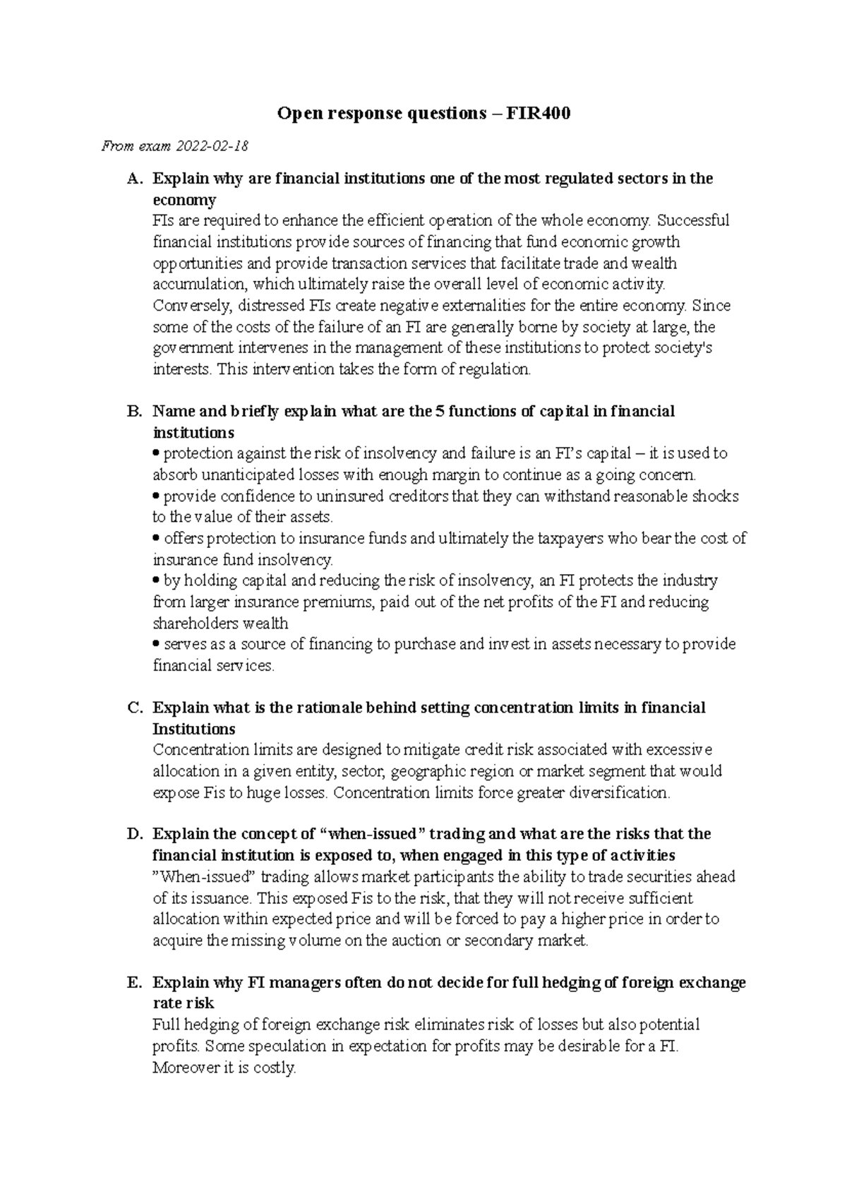 Open response questions - FIR400 - Open response questions – FIR From ...