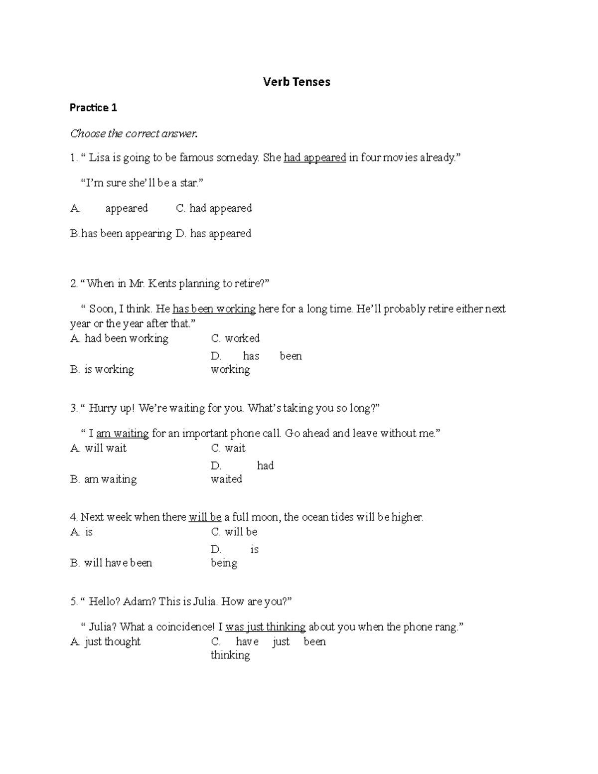 Verb Tenses ELC121 PRACTICE MATERIALS - Verb Tenses Practice 1 Choose ...