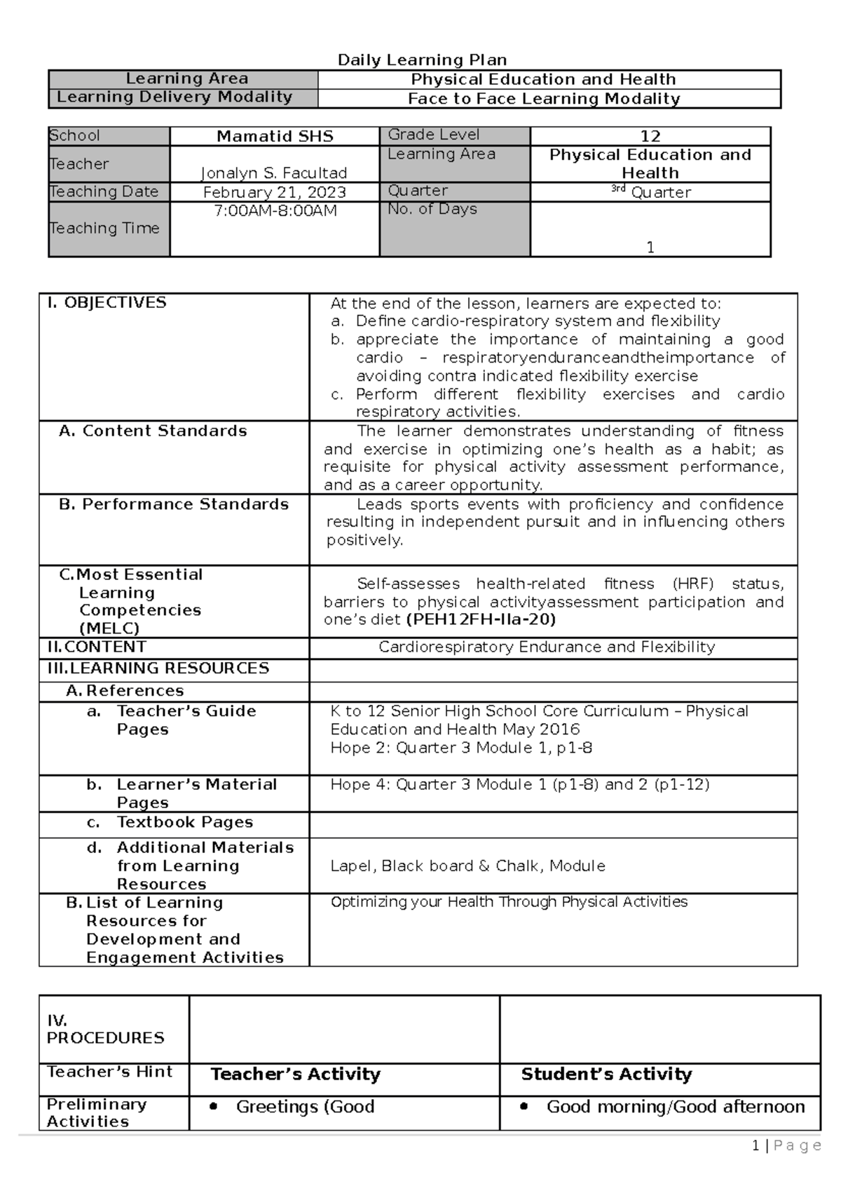 DLP-PE-12 Week 2 - Learning Plan - Daily Learning Plan Learning Area Physical Education and ...