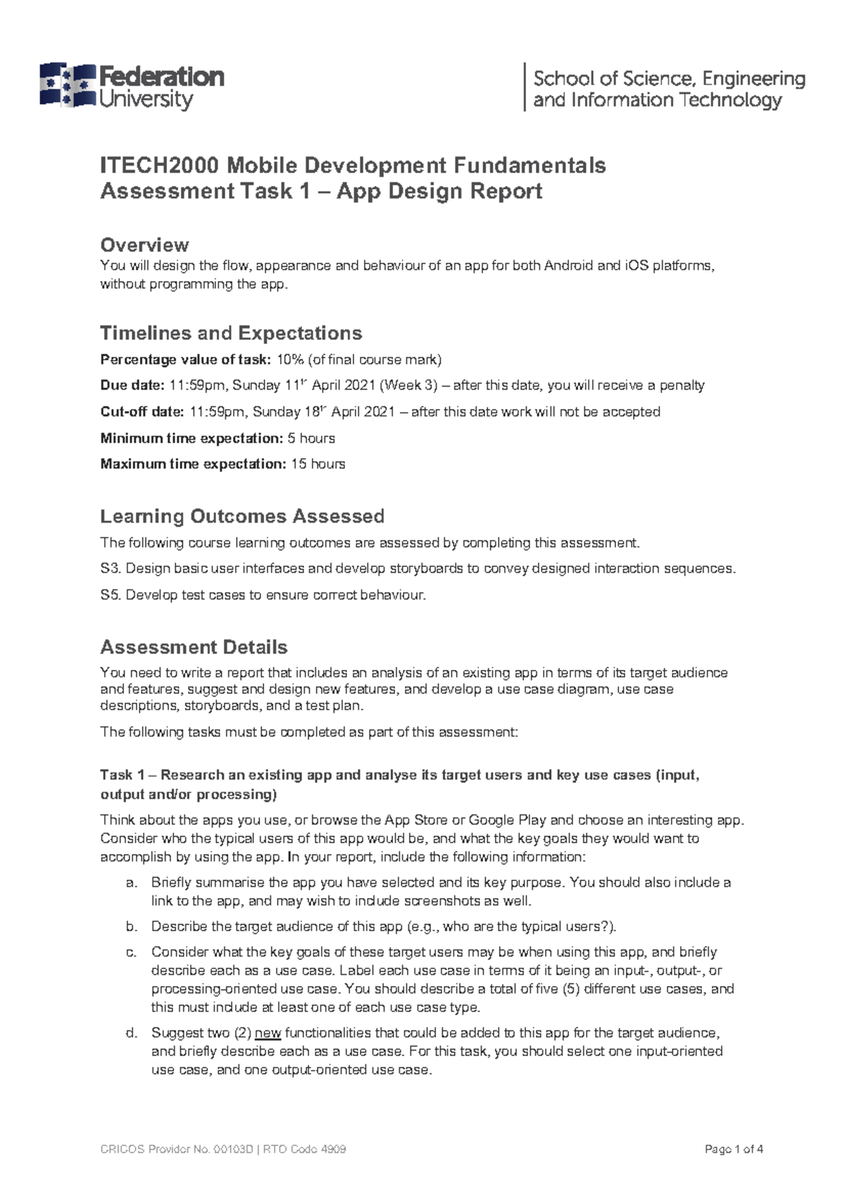 ITECH2000 Fed Uni-Assessment Task 1-2021 07 - Page 1 of 4 ITECH2000 Mobile Development ...